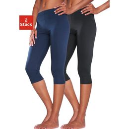 Caprileggings Vivance ACTIVE, Damen, Gr. 44/46, N-Gr, blau (1x marine, 1x schwarz), Single Jersey, Obermaterial: 95% Baumwolle, 5% Elasthan. Obermaterial 2: 60% Baumwolle, 35% Polyester, 5% Elasthan, unifarben, Basic, eng 3/4-Länge, Hosen, mit Gummibund, Loungewear