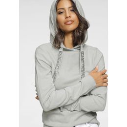 Strickpullover Laura Scott, Damen, Gr. 36, grau (grau, melange (aus nachhaltigem material)), Strick, Obermaterial: 50% Viskose, 28% Polyester, 22% Polyamid, Glitzerstreifen, unifarben, figurbetont hüftbedeckend, ohne Ausschnitt, Bündchen, Pullover, mit Kapuze und glitzernden Bändern