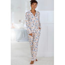 Pyjama Vivance Dreams, Damen, Gr. 32/34, rosa (rosa, blau, geblümt), Single Jersey, Obermaterial: 50% Baumwolle, 50% Viskose, geblümt, klassisch lang, V-Ausschnitt, eingesetzt abgesteppte Kante, Homewear-Sets, mit durchgehender Knopfleiste