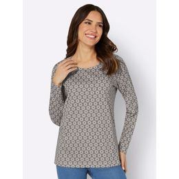 Langarmshirt Classic Basics "Langarm-Shirt", Damen, Gr. 38, grau (taupe, ecru, bedruckt), 100% Baumwolle, gemustert, mehrfarbig, Rundhals, Shirts
