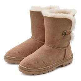 Winterstiefel Lascana, Damen, Gr. 38, braun (camelfarben), Obermaterial: 100% Rindsleder. Decksohle: 100% Lammfell. Futter: 100% Lammfell. Laufsohle: 100% Synthetik, unifarben, Schuhe Winterstiefel, aus kuscheligem Lammfell, robuste Sohle, Winterstiefelette, Snowboots