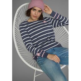 Streifenpullover Kangaroos, Damen, Gr. 32/34 (XS), bunt (blau, weiß, rosa, gestreift), Feinstrick, Obermaterial: 50% Baumwolle, 50% Polyacryl, geringelt, Casual, figurbetont hüftbedeckend, Rundhals, Rippbündchen, Pullover Rundhalspullover Pullover, mit kontrastfarbigen, aufgenähten Sternen