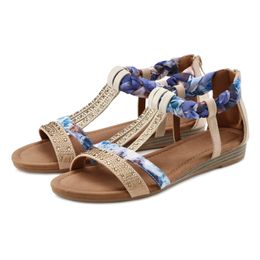 Sandale Lascana "Sommerschuh, Sandalette", Damen, Gr. 43, blau (beige, blau), Obermaterial: 50% Lederimitat, 50% Textilmaterial. Futter: 100% Lederimitat. Decksohle: 100% Lederimitat. Laufsohle: 100% Synthetik, bedruckt, Schuhe Sandalette, mit Verzierung und kleinem Keilabsatz im Festival-Look VEGAN
