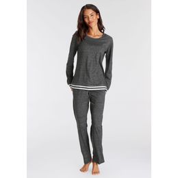 Pyjama Vivance Dreams, Damen, Gr. 32/34, schwarz (schwarz geringelt), Single Jersey, Obermaterial: 50% Baumwolle, 50% Polyester, Basic lang, Rundhals, eingesetzt angesetztes Bündchen kontrastfarben, Homewear-Sets, mit gestreiften Bündchen