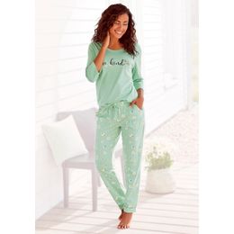 Pyjama Vivance Dreams, Damen, Gr. 32/34, grün (jade, gemustert), Single Jersey, Obermaterial: 100% Baumwolle, geblümt, Basic, bequem lang, Rundhals, eingesetzt, Homewear-Sets, mit Gänseblümchen-Druck