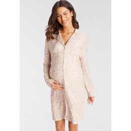 Umstandsnachthemd Lascana, Damen, Gr. 32/34, N-Gr, beige (beige, gemustert), Single Jersey, Obermaterial: 95% Viskose, 5% Elasthan, gemustert, Basic, sehr bequem kniefrei, V-Ausschnitt, eingesetzt Manschette, Kleider, mit Knopfleiste und Raffung an der Seitennaht