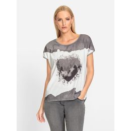 Rundhalsshirt Heine "Druck-Shirt", Damen, Gr. 36, grau, 95% Polyester, 5% Elasthan, Besatz:100% Baumwolle, gemustert, Rundhals, Shirts