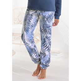Sweatpants Lascana, Damen, Gr. 32/34, N-Gr, blau (blau gemustert), Sweatware, Obermaterial: 60% Baumwolle, 40% Polyester, gemustert, Basic lang, Hosen, Loungehose mit Allover-Druck, Loungewear