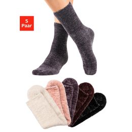 Kuschelsocken Lavana, Damen, Gr. 35-38, bunt (1x ecru, 1x rose, 1x taupe, 1x braun, 1x schwarz), Obermaterial: 92% Polyester, 6% Polyamid, 2% Elasthan, unifarben, elastisch, Socken, Bettsocken aus weichem, leicht gl&auml;nzendem Chenillegarn
