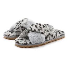 Hausschuh Lascana "Mule, Sandale, offener Schuh, Pantolette, Pantoffel", Damen, Gr. 41, grau (grau, leo), Obermaterial: 100% Textilmaterial. Futter: 100% Textilmaterial. Decksohle: 100% Textilmaterial. Laufsohle: 100% Synthetik, animal-print, Schuhe Pantoffeln Plüsch Hausschuh, mit Leo Print VEGAN