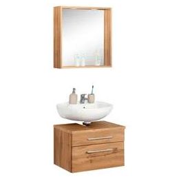 Badmöbel-Set Welltime "Davos", braun (eichefarben), Holzwerkstoff, MDF, Melamin, Kastenmöbel-Sets, Spiegel inklusive Beleuchtung und Waschbeckenunterschrank