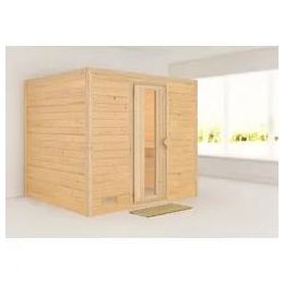 Sauna Karibu "Soraja", beige (naturbelassen), ohne Ofen, (ohne Ofen), Saunen, ohne Ofen