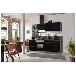 Küchenzeile KOCHSTATION "KS-Brindisi", schwarz (küche: schwarz, front: schwarz hochglanz, korpus: eiche vintage, arbeitsplatte: eiche vintage), B:210cm H:200cm T:60cm, Komplettküchen-Sets, Küchenzeile, Breite 210 cm, wahlweise mit E-Geräten, mit MDF-Fronten und Regal