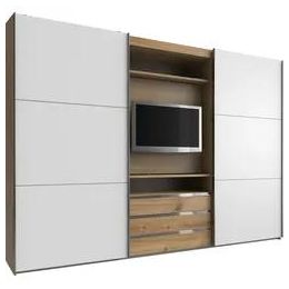 Schwebetürenschrank wimex "Magic by fresh to go", braun (plankeneiche nachbildung, weiß), B:300cm H:216cm T:65cm, Schränke, tolles EXTRA: mit drehbarem TV-Element, mittig mit Schubladen, Topseller