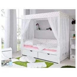 Himmelbett Ticaa "Lino", weiß (kiefer massiv weiß gewachst), B:97,2cm, Betten, Himmelbett, inkl. Schubkasten und Rollrost