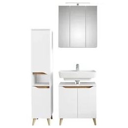 Badmöbel-Set SAPHIR "Quickset 3-teilig, Waschbeckenunterschrank mit LED-Spiegelschrank", weiß (weiß seidenglanz), B:95cm T:33cm, Glas, Spanplatte, Kastenmöbel-Sets, Midischrank, inkl. Türdämpfer, 7 Türen, 1 Nische, Bad-Set, grifflos