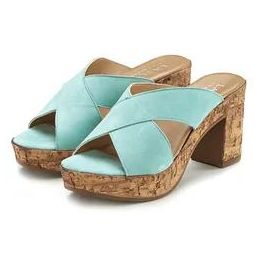 Pantolette Lascana, Damen, Gr. 37, blau (türkis), Obermaterial: 100% Ziegenleder. Futter: 100% Synthetik. Decksohle: 100% Ziegenleder. Laufsohle: 100% Synthetik, Veloursleder, unifarben, Schuhe Pantolette, Mule, Sandale, offener Schuh aus Leder mit Blockabsatz