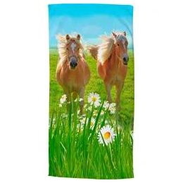 Strandtuch Good Morning "Horses", bunt (multi, grün), B:75cm L:150cm, Microfaser, Obermaterial: 100% Polyester, Handtücher, 100% Mikrofaser, 75x150, Schnelltrocknend, Kind, Mädchen, Pferd
