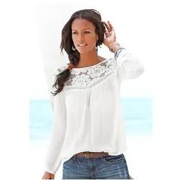 Spitzenbluse Buffalo, Damen, Gr. 42, beige (creme), Crêpe, Obermaterial: 100% Viskose. Einsatz: 100% Baumwolle, unifarben, figurumspielend hüftlang, Rundhals, elastischer Bund, Blusen, aus gewebter Viskose, sommerlich, Boho-Style