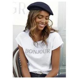 T-Shirt Vivance "mit Frontdruck "Bonjour"", Damen, Gr. 44/46, weiß, Single Jersey;Slub, Obermaterial: 100% Baumwolle, unifarben, Casual, bequem, Rundhals, mit Aufschlag, Shirts, aus weicher Baumwoll-Qualität, Topseller