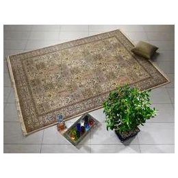 Orientteppich OCI DIE TEPPICHMARKE "Vasuki" Gr. 34, beige (creme), B:60cm H:4mm L:90cm, Seide, Wolle, Teppiche, Fransenteppich, hochwertig handgeknüpft, mit Fransen, Wohnzimmer