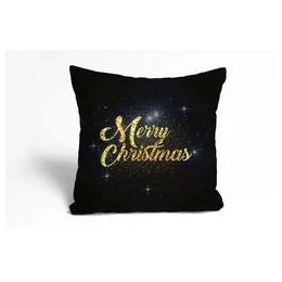 Dekokissen queence "Sternenhimmel", gold (goldfarben, bedruckt), B:40cm L:40cm, Polyester, Dekokissen_Sitzkissen_Kissenh&uuml;llen, Kissenh&uuml;lle,Merry Christmas,Schwarz,Weihnachtsmotiv,Festlich