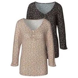 3/4-Arm-Shirt Vivance "mit kurzer Zierknopfleiste", Damen, Gr. 40/42, rosa (rose, bedruckt, schwarz, bedruckt), Jersey, Obermaterial: 95% Viskose (LENZINGTM ECOVEROTM), 5% Elasthan, gemustert, bequem, tiefer Rundhals, abgesteppt, Shirts, aus weichem Viskose-Stretch
