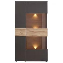 Vitrine FORTE "Como", grau (grau, eichefarben), B:90cm H:168cm T:41cm, FSC-zertifizierter Holzwerkstoff, Schränke, Highboard, LED Beleuchtung Einlegeböden, Glastüre, Soft Close