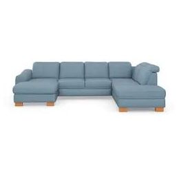 Sit & More Wohnlandschaft SIT & MORE "Dundee U-Form", blau (hellblau), B:338cm H:86cm T:219cm, Sofas, mit Federkern und Massivholzfüßen, wahlweise mit Kopfteilverstellung