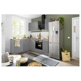Winkelküche Optifit "Parma", braun (küche: grau, korpus: basaltgrau, arbeitsplatte: eichefarben), B:215cm T:175cm, Komplettküchen-Sets, ohne E-Geräte, Stellbreite 215x175 cm