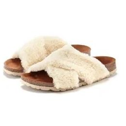 Hausschuh Lascana "Mule, Sandale, offener Schuh, Pantolette", Damen, Gr. 38, beige, Obermaterial: 100% Synthetik. Futter: 100% Lederimitat. Decksohle: 100% Rindsleder. Laufsohle: 100% Synthetik, Fellimitat, Schuhe, mit Korkfußbett und Fellimitat
