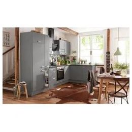 Winkelküche Optifit "Parma", grau (küche: grau, korpus: basaltgrau, arbeitsplatte: granit schwarz), B:315cm T:175cm, Komplettküchen-Sets, ohne E-Geräte, Stellbreite 315 x 175 cm