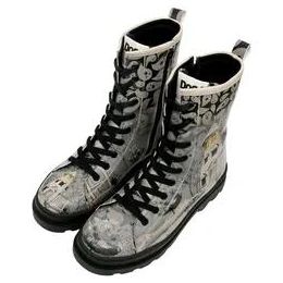 Stiefelette DOGO "Gisele Schnürstiefel Boots Spooky Town Damen Stiefeletten", Damen, Gr. 39, Normalschaft, schwarz-weiß (grau), Lederimitat, Schuhe Schnürboots, Handgefertigt