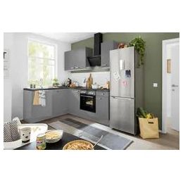 Winkelküche Optifit "Parma", grau (küche: grau, korpus: basaltgrau, arbeitsplatte: granit schwarz), B:215cm T:175cm, Komplettküchen-Sets, ohne E-Geräte, Stellbreite 215x175 cm