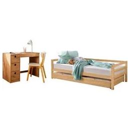 Lüttenhütt Jugendzimmer-Set LÜTTENHÜTT "Alpi", beige (gebeizt, gewachst), Schlafzimmermöbel-Sets, Daybed mit 2. Liegefläche und Schreibtisch mit Stauraum, platzsparend