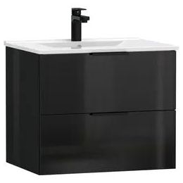 Waschtisch Welltime "Athen Badezimmerschrank mit Softclose Funktion WC Bad 60 cm", schwarz (schwarz hochglanz, schwarz hochglanz), B:60cm H:50cm T:46cm, Holzwerkstoff, Waschtische, Waschplatz mit 2 Schubladen und Waschbecken Badmöbel Unterschrank