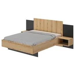 Bett GAMI "Mimizan", braun (eiche helvezia, schwarz, eiche helvezia, schwarz, eiche helvezia), B:235cm H:102cm L:206cm, Betten, Bettgestell, mit 2 Nachttischen