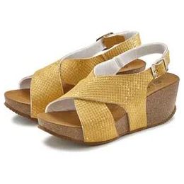 Sandalette Lascana "Sommerschuh", Damen, Gr. 42, gelb (curry, gelb), Obermaterial: 100% Lederimitat. Futter: 100% Textilmaterial. Decksohle: 100% Rindsleder. Laufsohle: 100% Synthetik, Strukturmuster, feminin, Schuhe, Sommerschuh mit Keilabsatz und Korkfußbett