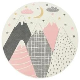 Kinderteppich Paco Home "Nino 886", pink, B:200cm H:13mm L:200cm Ø:200cm, Polypropylen, Teppiche, Kurzflor, Spielteppich, Motiv Berge & Sterne, Pastell-Farben