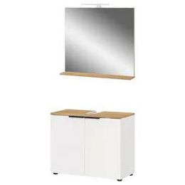 Badmöbel-Set Andas "Majtum bestehend aus Waschbeckenunterschrank & Spiegel", weiß (weiß, navarra, eiche, nachbildung), B:76cm H:200cm T:34cm, Glas, Spanplatte, Kastenmöbel-Sets, inkl. LED-Beleuchtung, Made in Germany