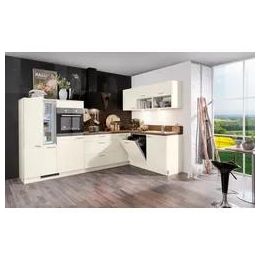 Küchenzeile KOCHSTATION "KS-Scafa, vormontiert, mit höhenverstellbaren Füßen", beige (küche: natur, korpus: magnoliafarben, arbeitsplatte: nussbaum nachbildung), B:305cm T:60cm, Komplettküchen-Sets, vormontiert, wahlweise mit E-Geräten, Stellbreite 305 x 185 cm