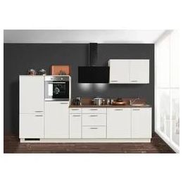 Küchenzeile KOCHSTATION "KS-Scafa, vormontiert, mit höhenverstellbaren Füßen", beige (küche: natur, korpus: magnoliafarben, arbeitsplatte: nussbaum nachbildung), B:320cm T:60cm, Komplettküchen-Sets, vormontiert, wahlweise mit E-Geräten, mit Soft-Close, Breite 320 cm