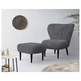 Sessel "Dinah", grau (dunkelgrau), B:84cm H:92cm T:83cm, 100% Polyester, LeGer Home by Lena Gercke, Sessel, Sessel Sessel mit Hocker Einzelsessel Ohrensessel mit Hocker Ohrensessel, Knopfheftung im Rücken, wahlweise mit oder ohne Hocker