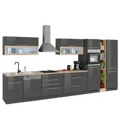 Küchenzeile KOCHSTATION "KS-Wien", grau (küche: grau, front: grau hochglanz, korpus: grafit, arbeitsplatte: eichefarben), B:440cm T:60cm, Komplettküchen-Sets, Küchenzeile, Breite 440 cm, wahlweise mit E-Geräten und Induktion