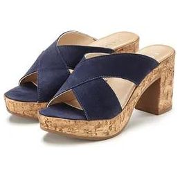 Pantolette Lascana, Damen, Gr. 42, blau, Obermaterial: 100% Ziegenleder. Futter: 100% Synthetik. Decksohle: 100% Ziegenleder. Laufsohle: 100% Synthetik, Veloursleder, unifarben, Schuhe Pantolette, Mule, Sandale, offener Schuh aus Leder mit Blockabsatz