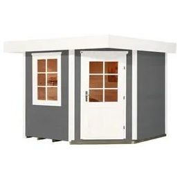 Gartenhaus Weka "Designhaus 213 Plus", grau (grau, weiß), Fußboden im Gartenhaus, ohne Dacheindeckung, Holzwerkstoff, Gartenhäuser