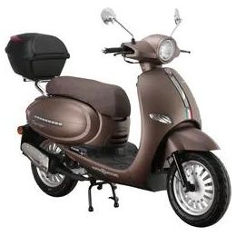 Motorroller Alpha Motors "Cappucino 50 ccm 25 km/h EURO 5 mattbraun inkl. Topcase", braun (braun, braun), Motorroller, 25 km/h, mit USB-Anschluss und Lenkerschloss, LED-Leiste vorne und hinten, B:69cm H:118cm L:190cm