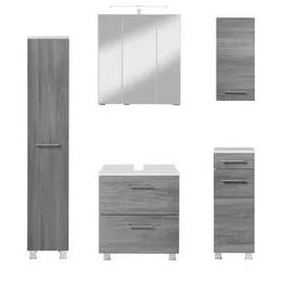 Badmöbel-Set Welltime ""Trento", Badezimmer-Set, Hängeschrank, Unterschrank, Midischrank", silber (eiche rauchsilber), B:120cm H:200cm T:35cm, Holzwerkstoff, MDF, Kastenmöbel-Sets, Waschbeckenunterschrank, Spiegelschrank inkl. Aufbauleuchte