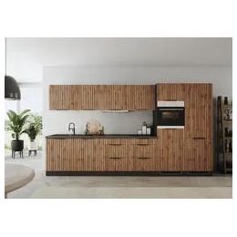 Küchenzeile KOCHSTATION "KS-Lagos, Breite 360 cm, wahlweise mit E-Geräten", beige (küche: natur, front: listrado eiche, korpus: grafitgrau, arbeitsplatte: betongrau), B:360cm H:200cm T:60cm, Komplettküchen-Sets, Küchenzeile, Ceran-oder Induktionskochfeld, Spüle edelstahl oder schwarz