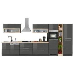Küchenzeile KOCHSTATION "KS-Wien", grau (küche: grau, front: grau hochglanz, korpus: grafit, arbeitsplatte: eichefarben), B:440cm T:60cm, Komplettküchen-Sets, Küchenzeile, Breite 440 cm, wahlweise mit E-Geräten und Induktion